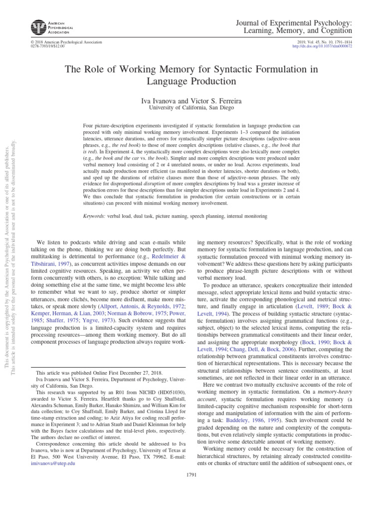 The Role of Working Memory For Syntactic Formulation in Language Production | PDF | Clause ...