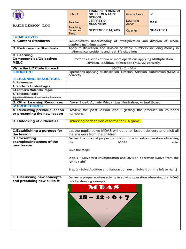 LP Cot 1 Alconera Math 4 2022 | PDF | Learning | Multiplication