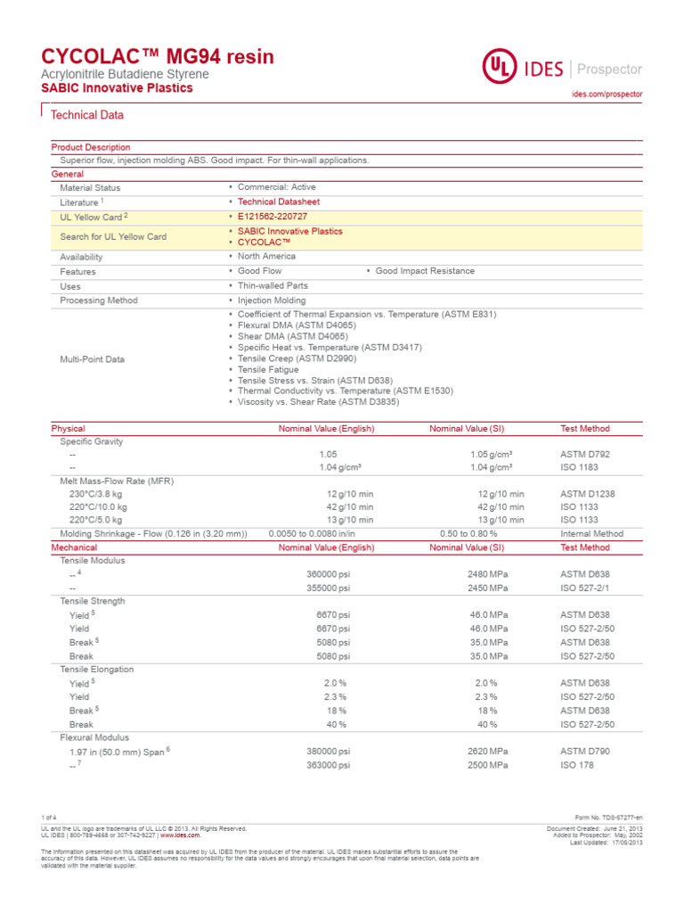 ABS Sabic Cycolac MG94 Cust.c | PDF | Materials | Physical Sciences