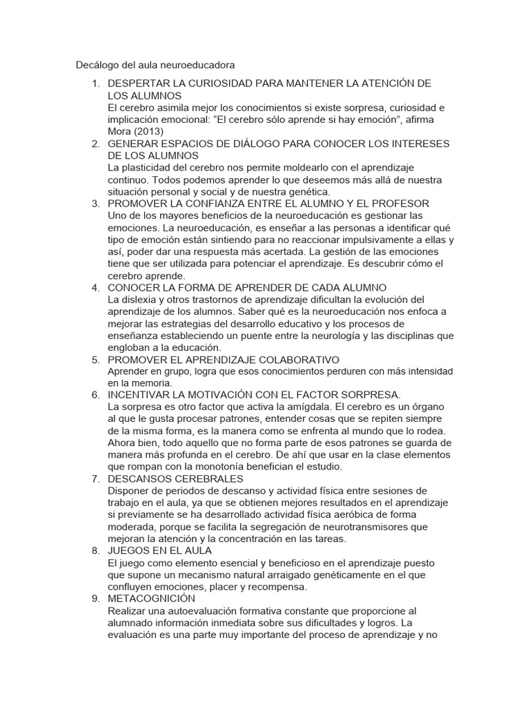 Decálogo Del Aula Neuroeducadora | PDF | Aprendizaje | Las emociones