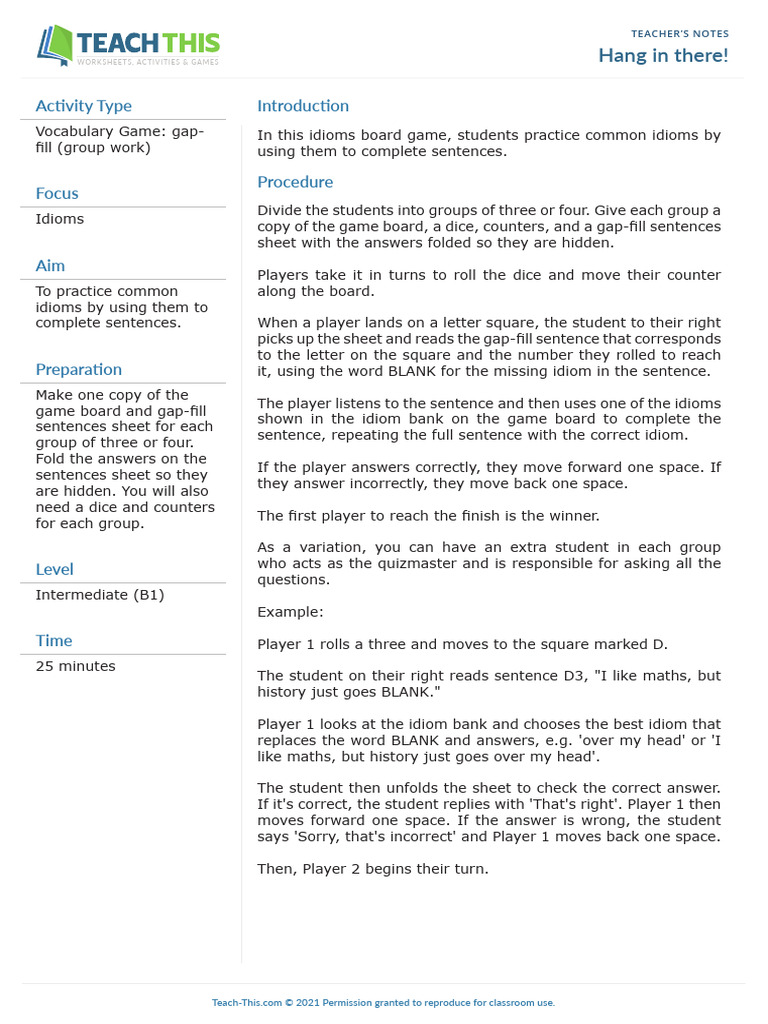 Idioms Board Game: Hang in There! | PDF