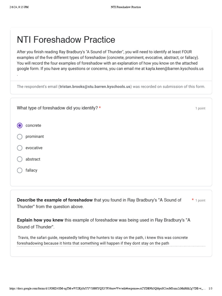 NTI Foreshadow Practice - Google Forms (3rd Block) | PDF