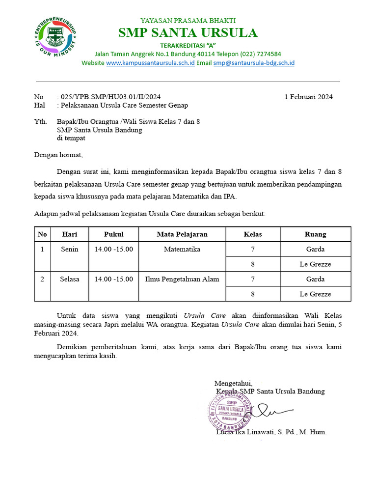 Jadwal Ursula Care Kelas 7 & 8 | PDF
