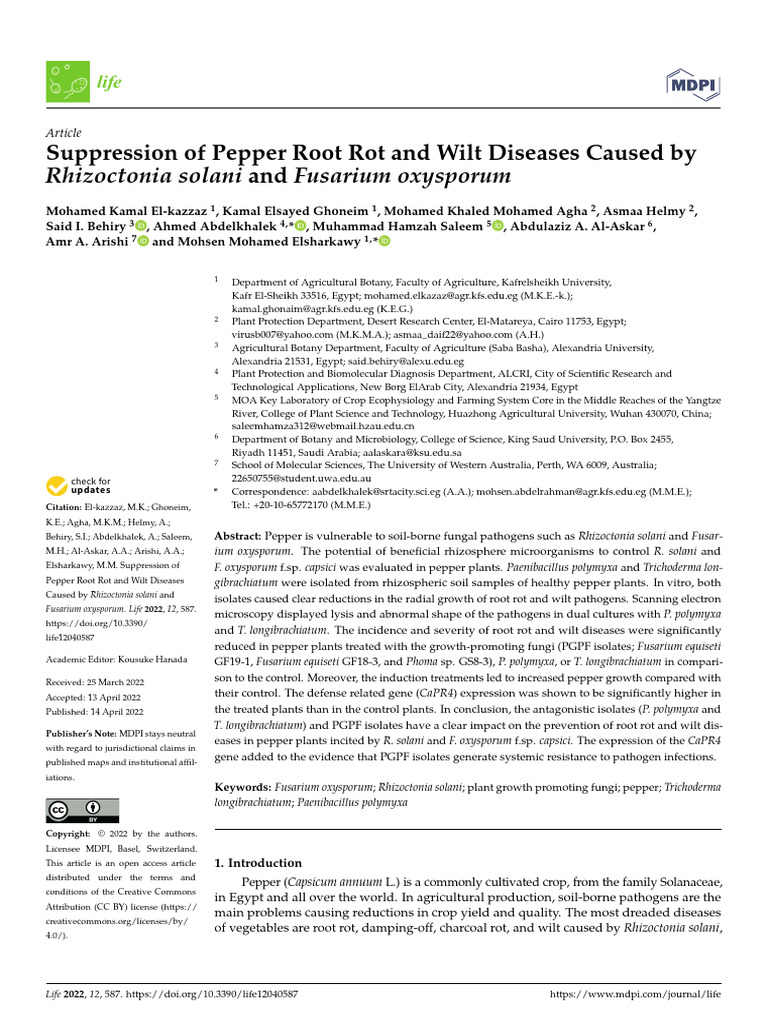 Suppression of Pepper Root Rot and Wilt Diseases Caused by Rhizoctonia Solani and Fusarium ...