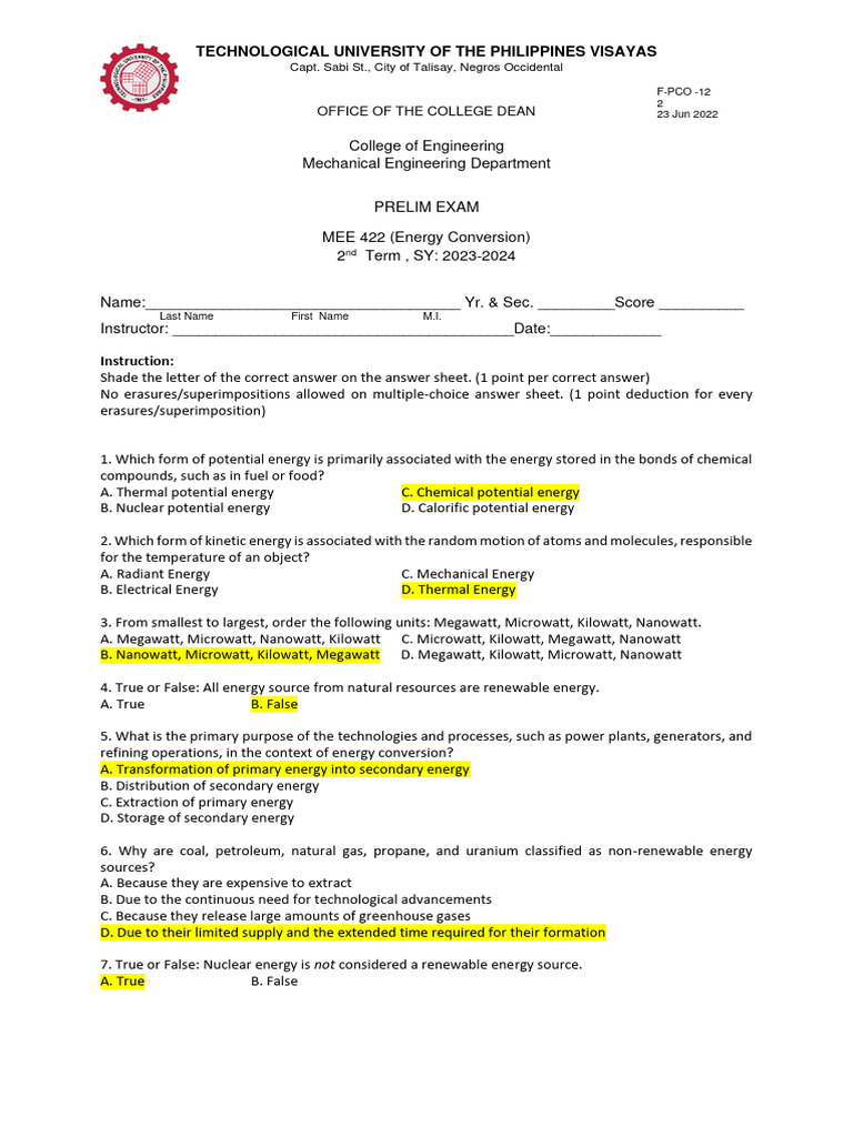 2nd Term 2023 2024 Prelim Exam Energy Conversion Answers | PDF | Wind ...