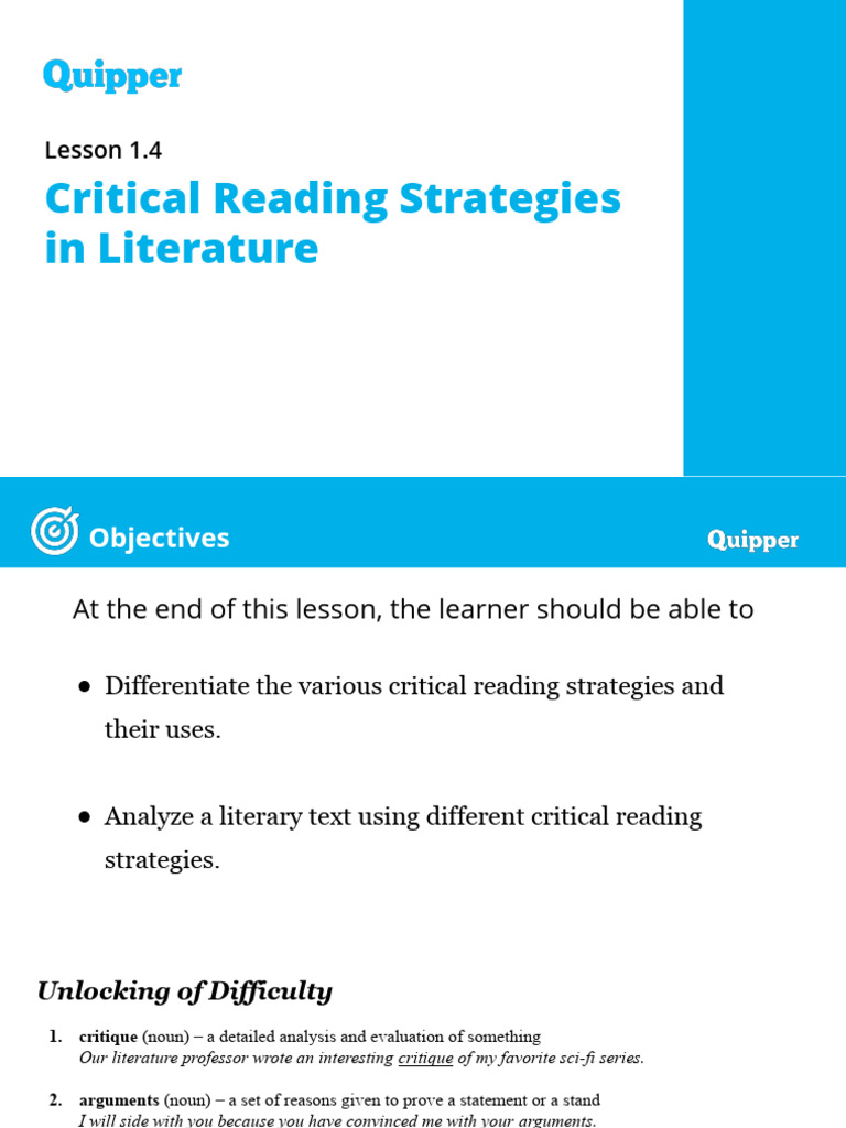 Critical Reading Strategies Overview | PDF | Argument | Cognition