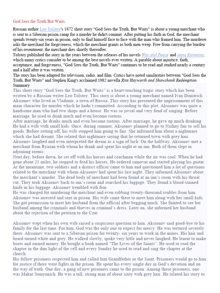 God Sees The Truth But Waits by Leo Tolstoy Summary in English Class 11 ...