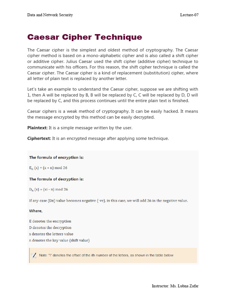 Lecture-07-Caesar Cipher | Download Free PDF | Encryption | Cryptography Lecture-07-Caesar Cipher | Download Free PDF | Encryption | Cryptography