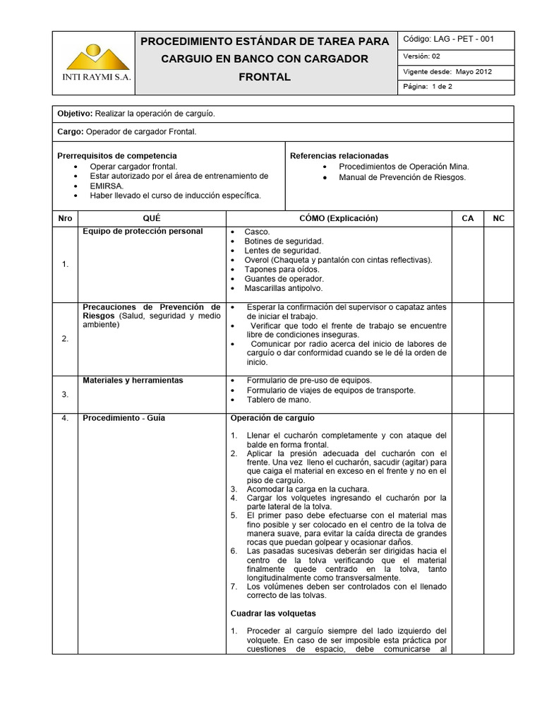 Lag-Pet-001 Carguio en Banco Con Cargador Frontal | PDF