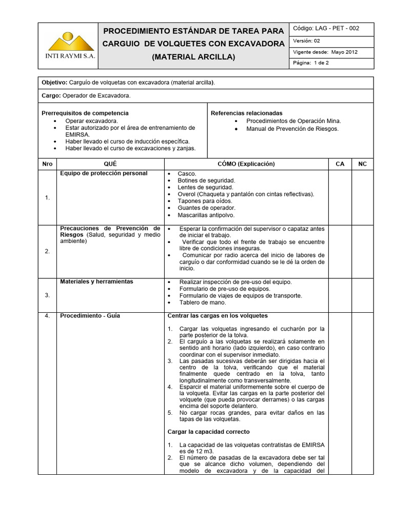 LAG-PET-002 CARGUIO DE VOLQUETES CON EXCAVADORA | PDF