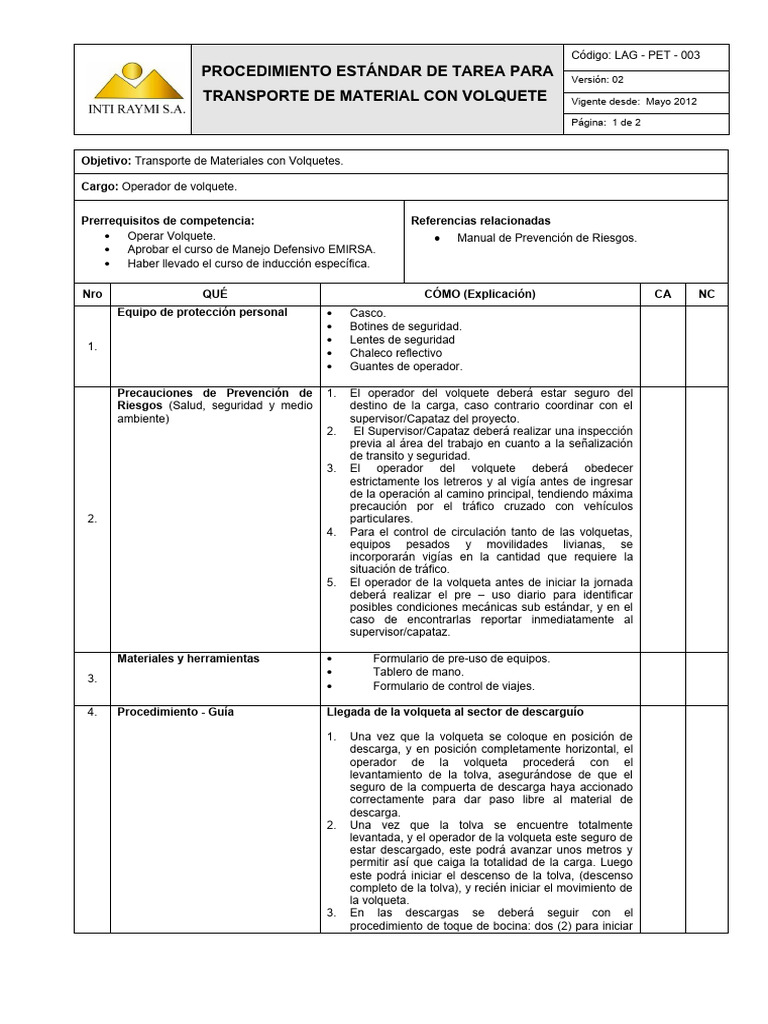 Lag-Pet-003 Transporte de Material Con Volquete | PDF Lag-Pet-003 Transporte de Material Con Volquete | PDF