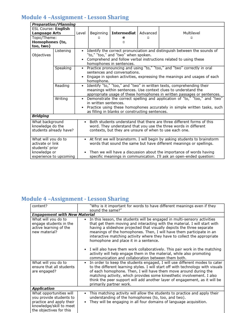 module 4 - lesson plan | PDF | Learning | English As A Second Or Foreign Language