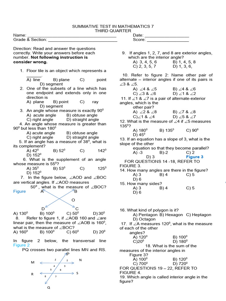 Math 7 Summative Test: Geometry Concepts | PDF | Triangle | Circle