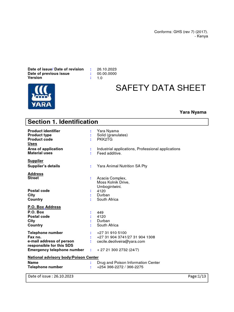 MSDS For Yara Nyama | PDF | Dangerous Goods | Waste