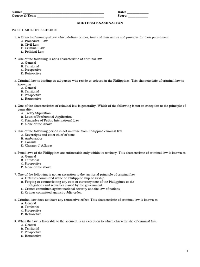 Philippine Criminal Law Midterm Exam | PDF | Felony | Criminal Law