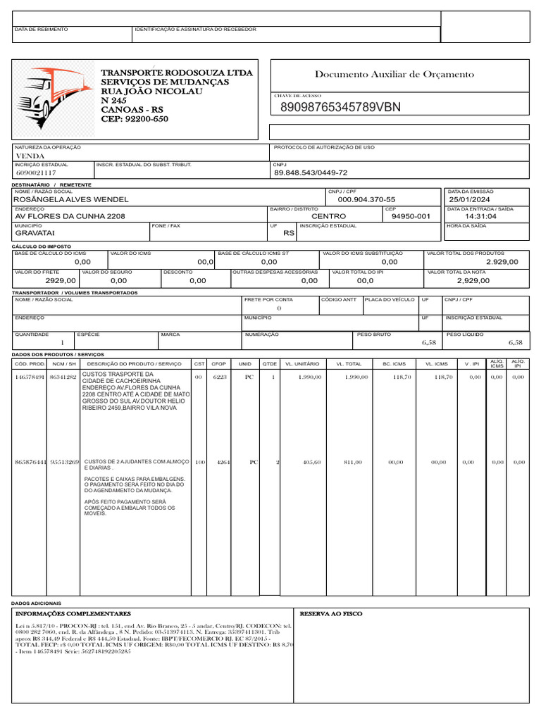 Nota Fiscal Tranportadora | PDF