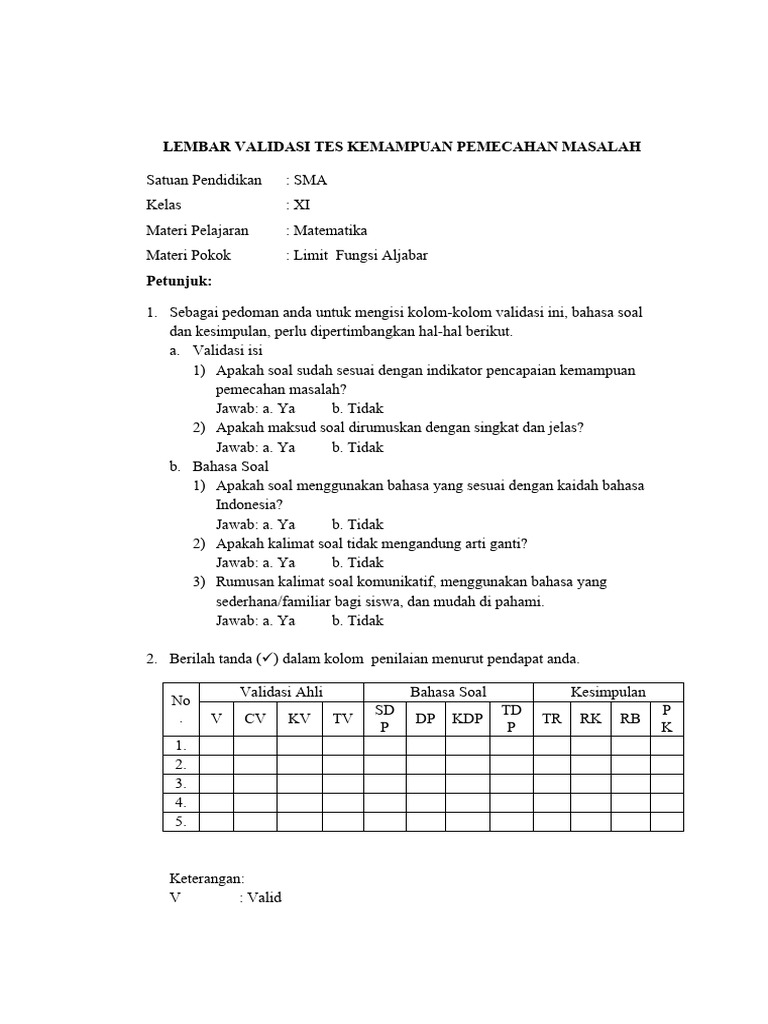 Lembar Validasi Tes Kemampuan Pemecahan Masalah | PDF