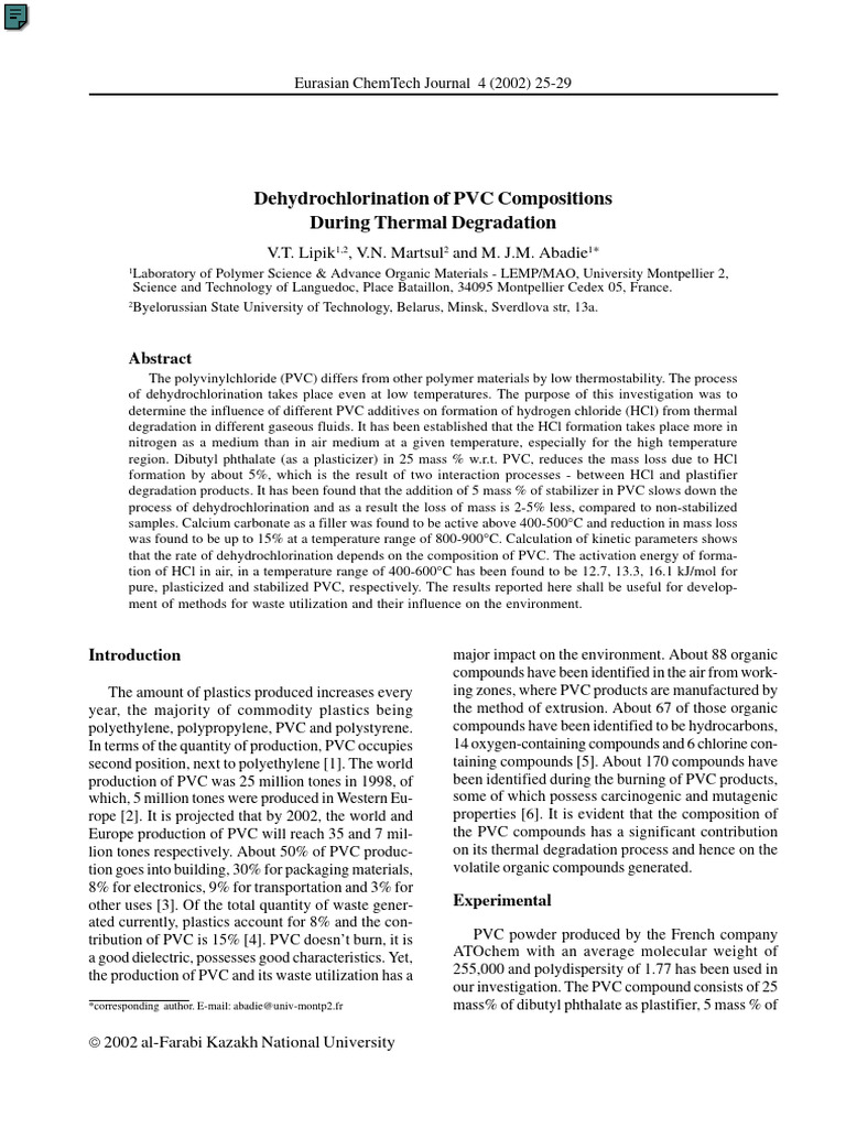 Dehydrochlorination of PVC Compositions During The | PDF | Polyvinyl ...