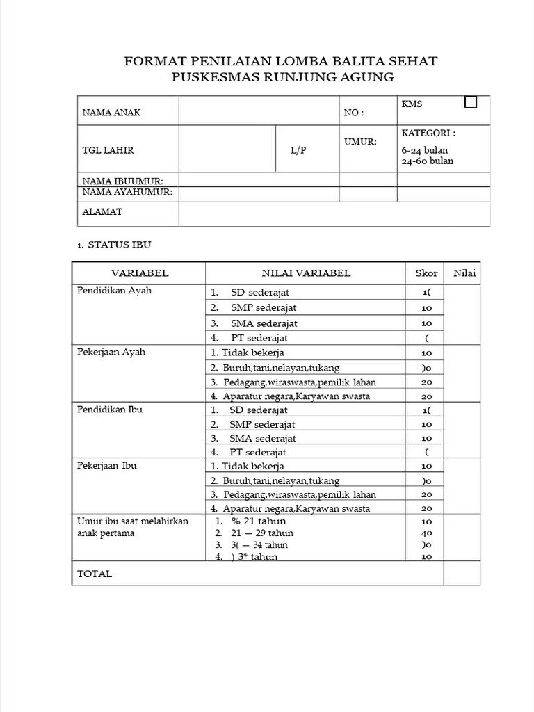 PDF Format Penilaian Lomba Balita Sehat | PDF PDF Format Penilaian Lomba Balita Sehat | PDF