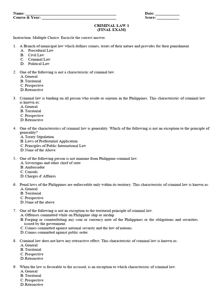 Criminal Law 1 Final Exam | PDF | Ex Post Facto Law | Crimes