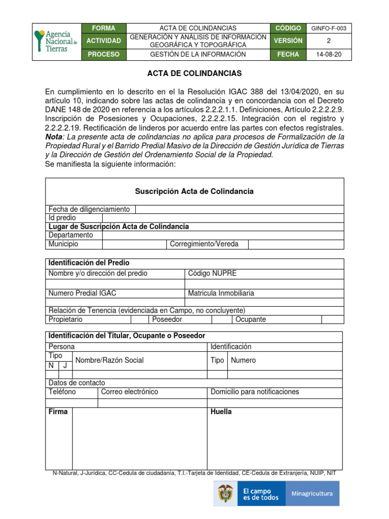 Acta de Colindancias IGAC F-003 | PDF