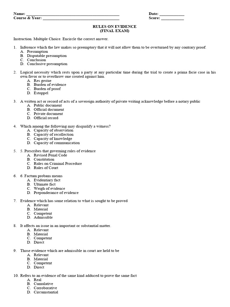 Rules On Evidence Final Exam | PDF | Evidence (Law) | Witness