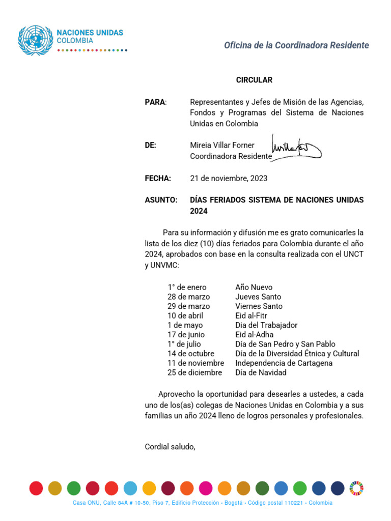 Circular Días Feriados 2024 | PDF