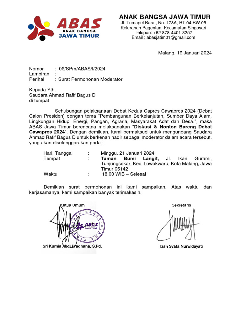 Surat Permohonan Moderator - Ahmad Rafif | PDF