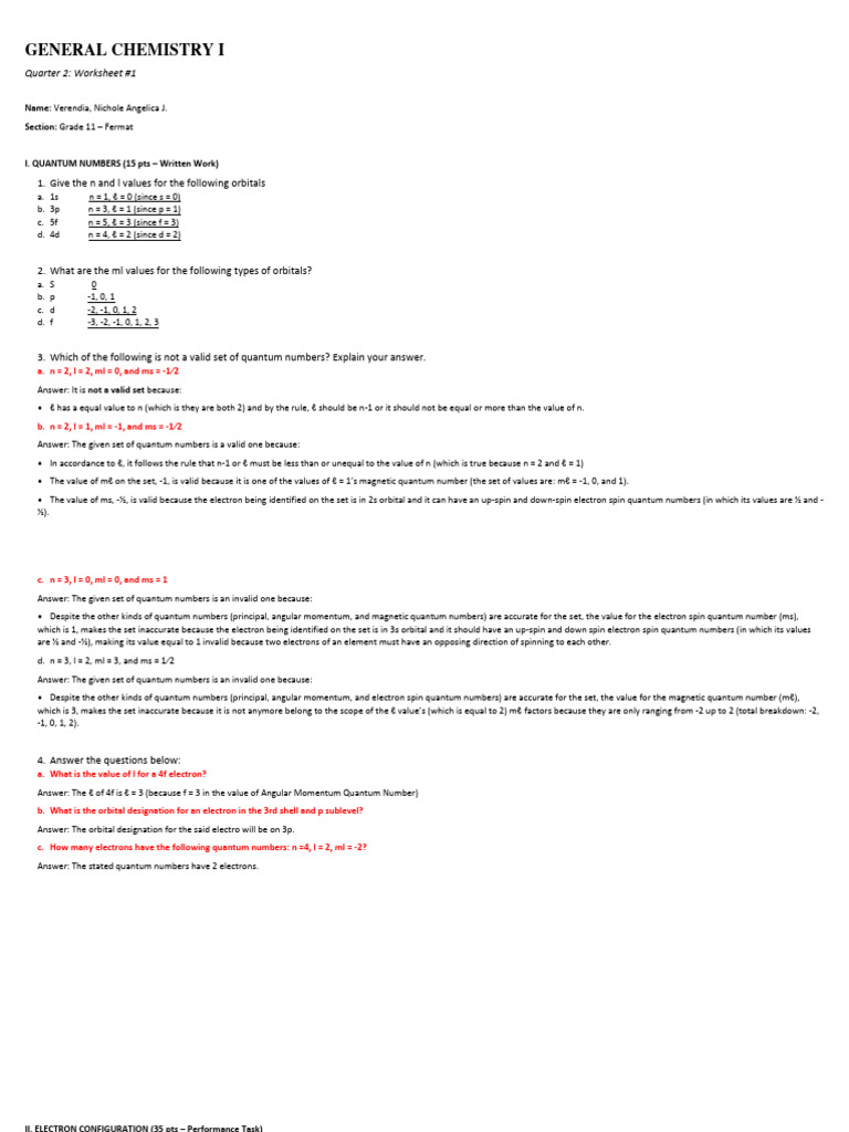 Verendia, Nichole Angelica J. - q2 Worksheet 1 (Genchem) | PDF | Electron Configuration | Spin ...