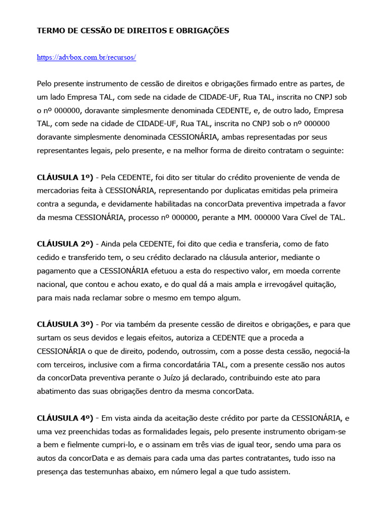 Modelo De Termo De Cessão De Direitos E Obrigações Pdf