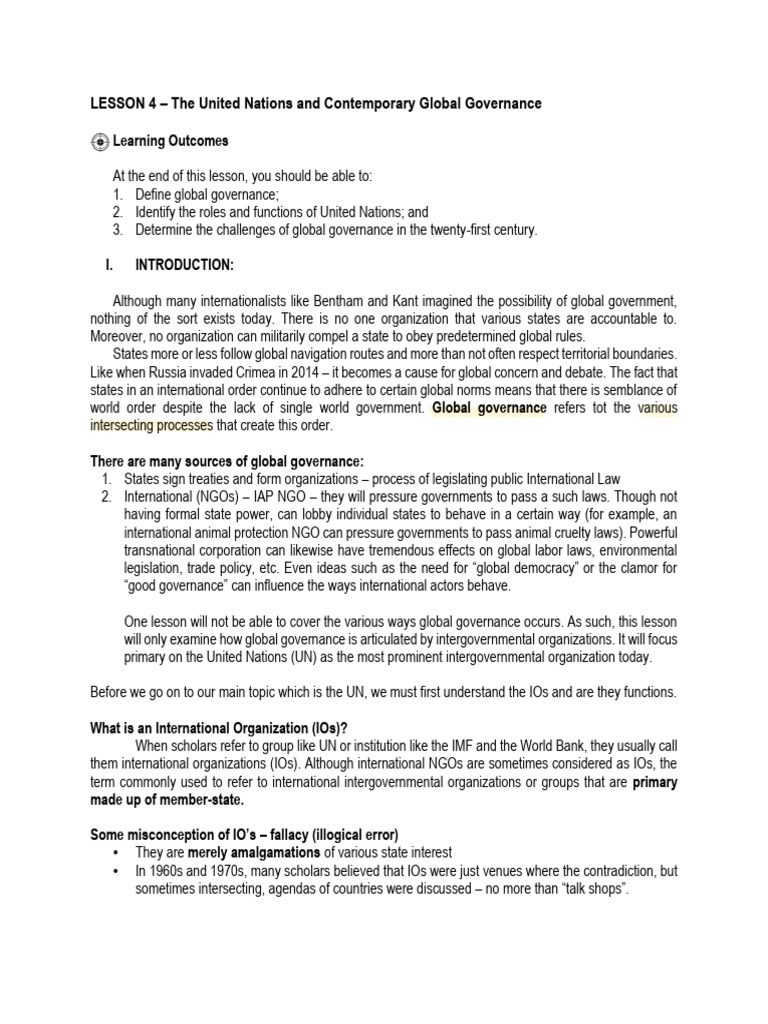 LESSON 4 Notes | PDF | United Nations | International Relations
