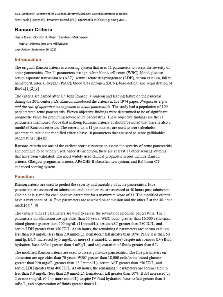 Ranson Criteria - StatPearls - NCBI Bookshelf | Download Free PDF ...