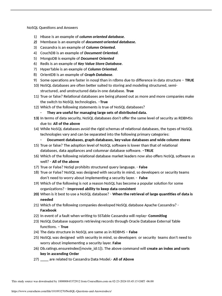 NoSQL Questions and Answers | PDF | No Sql | Relational Database