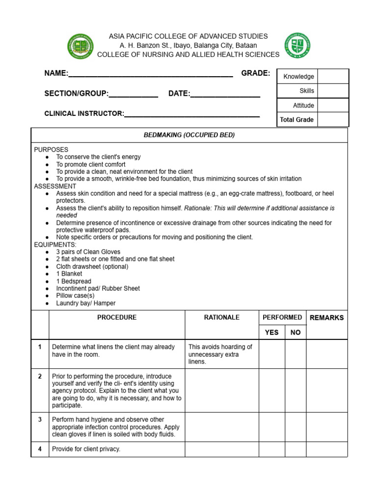 Bedmaking Procedure for Nursing Students | PDF | Bed | Bedding