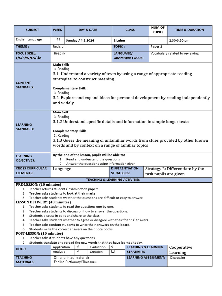 RPH Week 41 Revision | Download Free PDF | Teachers | English Language