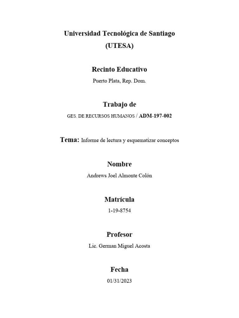Informe de Lectura y Esquematizar Conceptos - GES. DE RECURSOS HUMANOS | PDF | Gestión de ...
