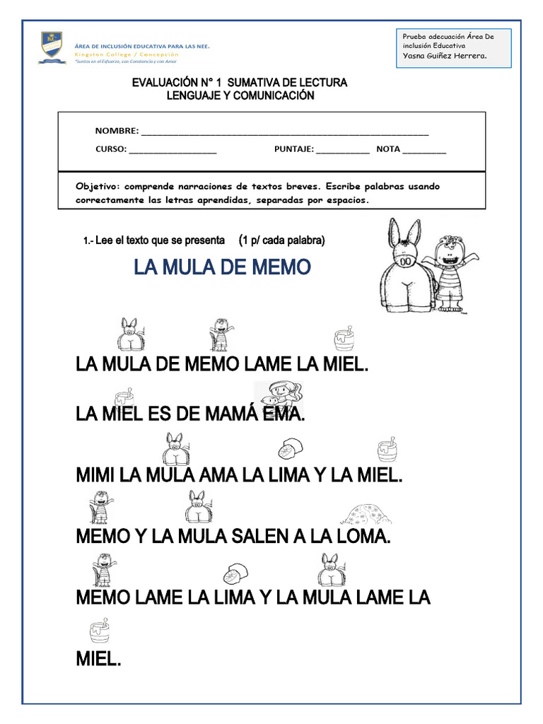 Evaluación Lectura 1 | PDF | Artes del Lenguaje y Comunicación