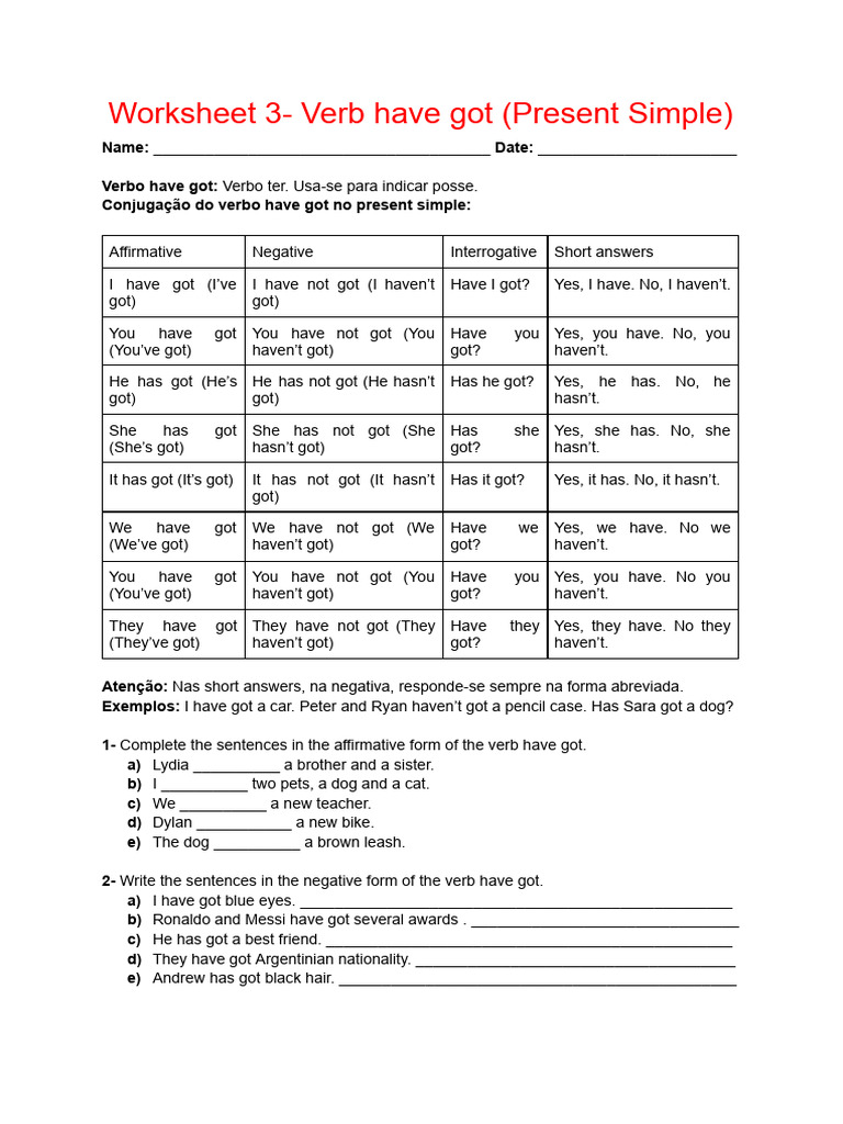 Worksheet 3 - Verb Have Got (Present Simple) | Download grátis PDF ...