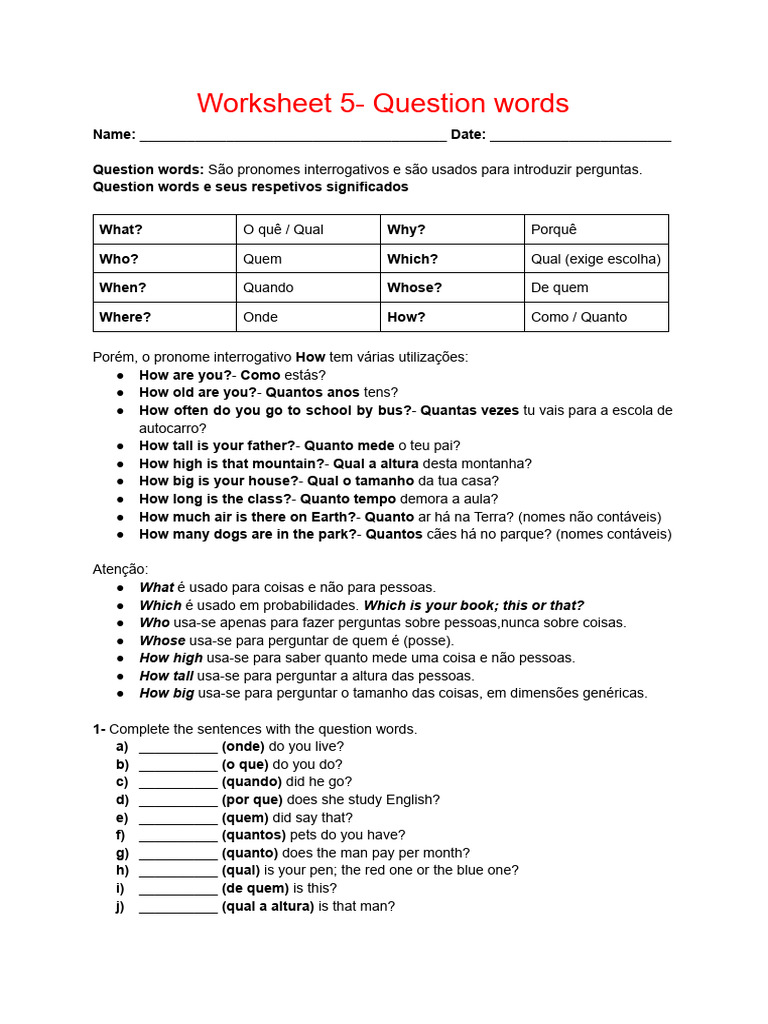 Worksheet 5 - Question Words | PDF
