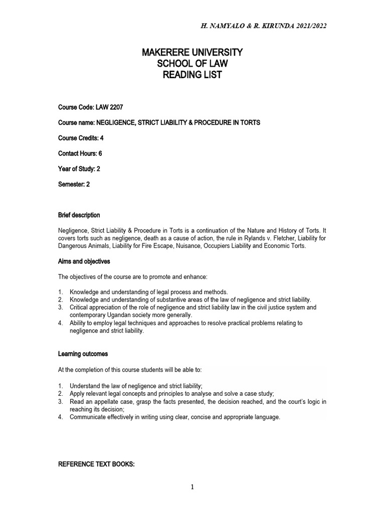 Reading List Negligence & Strict Liabilty 2021 | PDF | Tort | Strict Liability