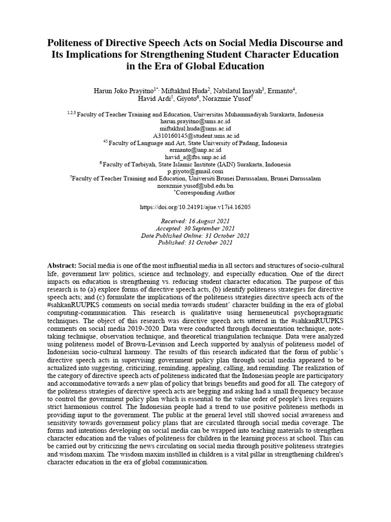 Politeness of Directive Speech Acts On Social Media Discourse and | PDF | Social Media | Popular ...