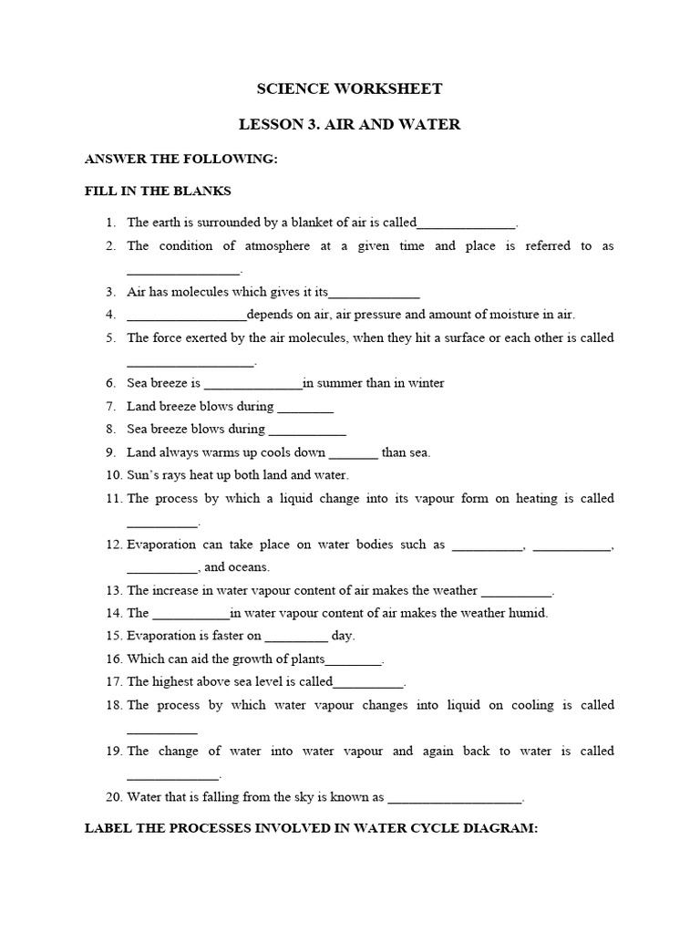 Class 3 Air and Water Worksheet | PDF | Science & Mathematics