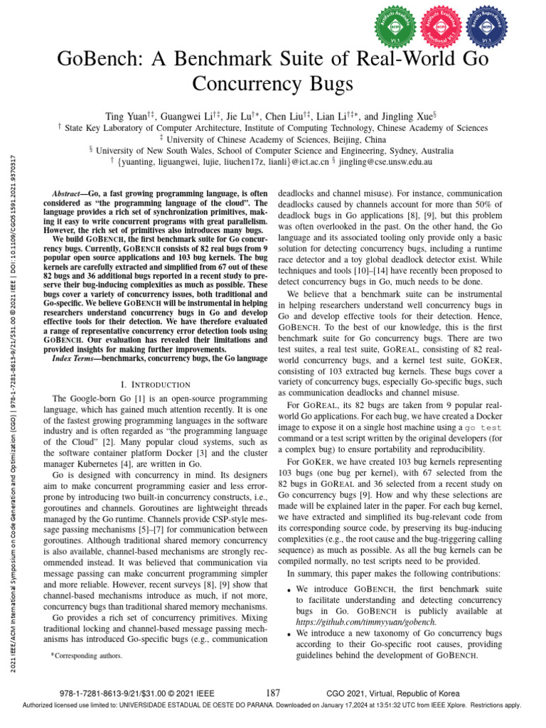 GoBench A Benchmark Suite of Real-World Go Concurrency Bugs | PDF | Software Bug | Concurrency ...