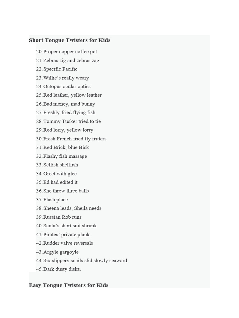 Short and Fun Tongue Twisters for Kids | PDF | Social Science | Cooking ...
