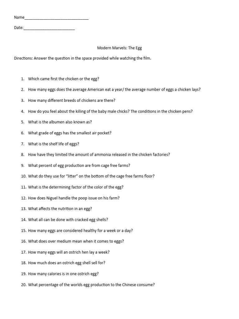 Modern Marvels: The Egg Worksheet | PDF | Science & Mathematics