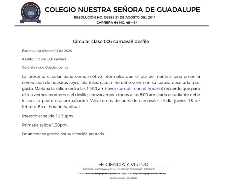 Circular 006 Carnaval y Desfile | PDF