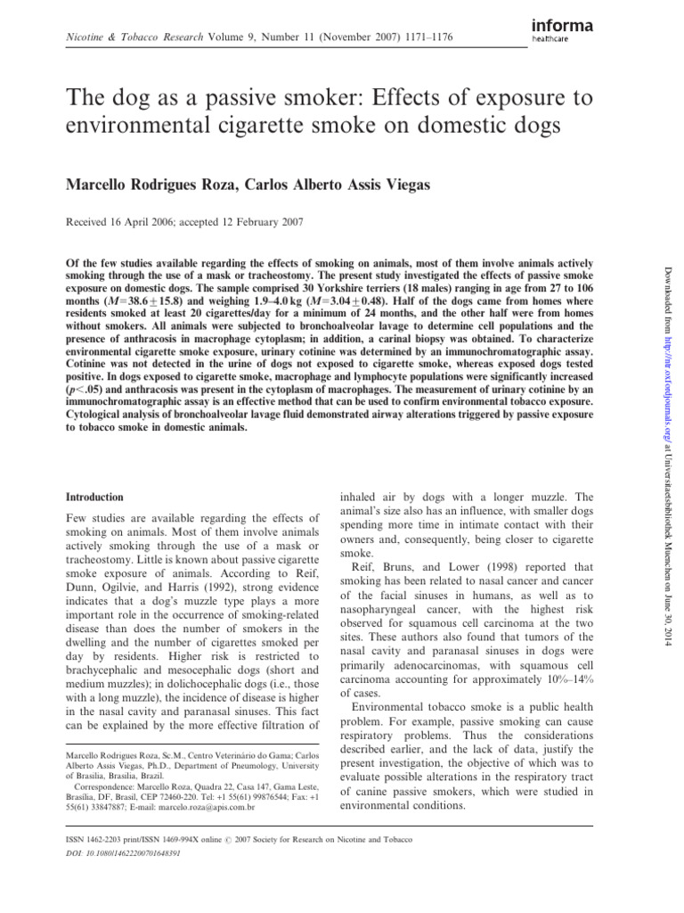 The Dog As A Passive Smoker: Effects of Exposure To Environmental ...