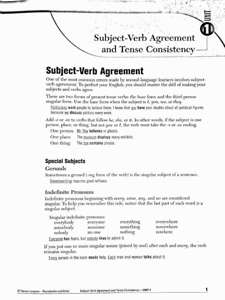 Unit 1 Subject-Verb Agreement and Tense Consistency | PDF | Verb ...
