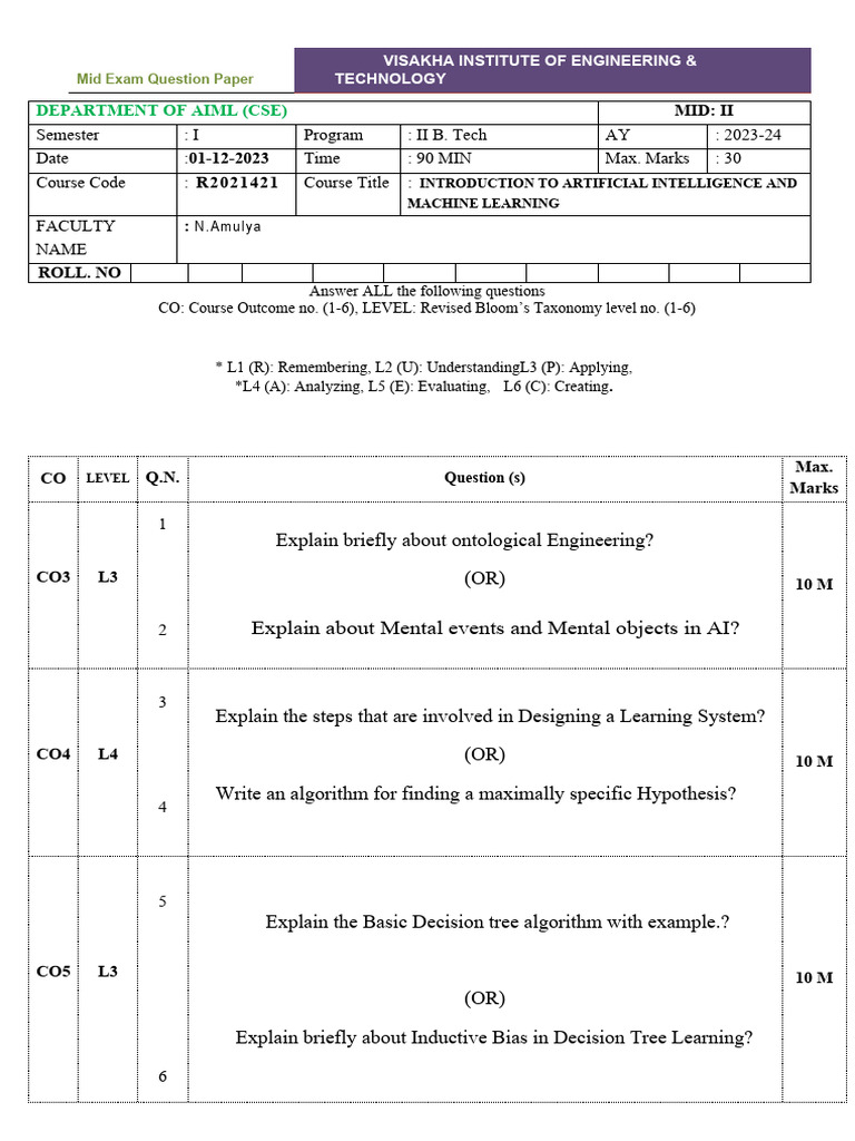 Mid Exam Paper: AI & ML for B.Tech | PDF | Teaching Methods & Materials ...