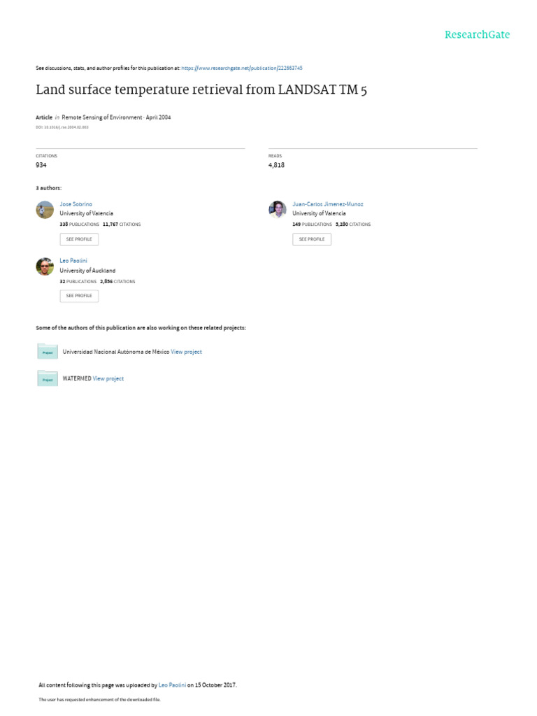 Land Surface Temperature Retrieval From LANDSAT TM | PDF | Infrared | Remote Sensing